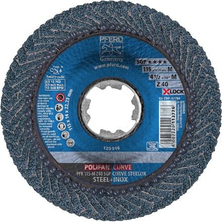 Pferd 4-1/2" X-LOCK POLIFAN Flap Disc - Z SGP CURVE STEELOX, Zirconia, 40 Grit, Medium Radius ...